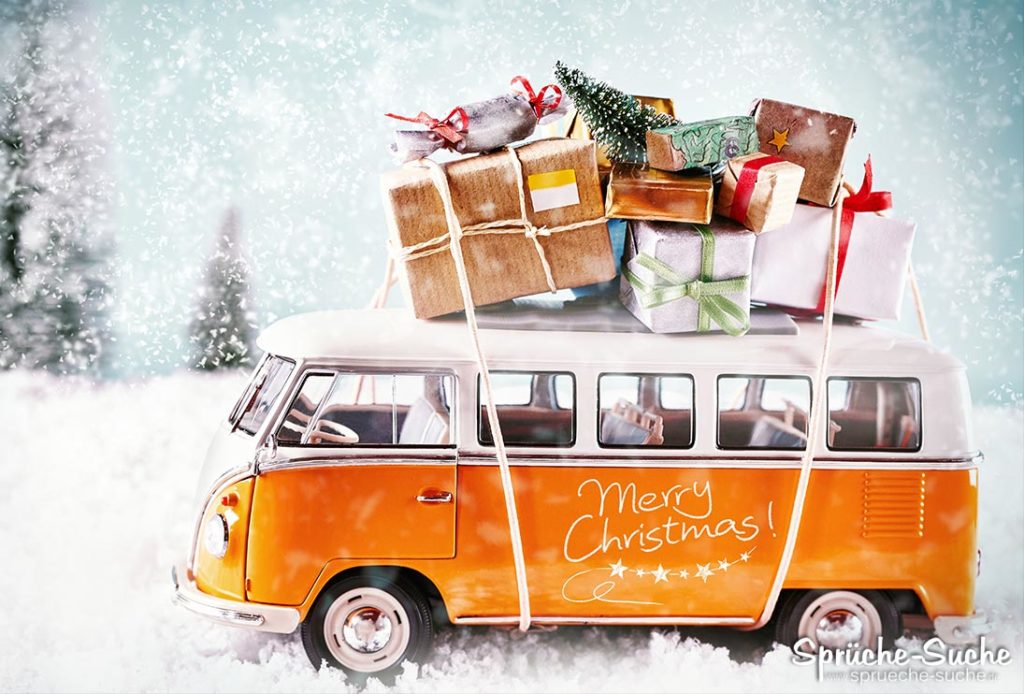 » Merry Christmas Weihnachtskarte mit orangefarbenen VW-Bus im Schnee